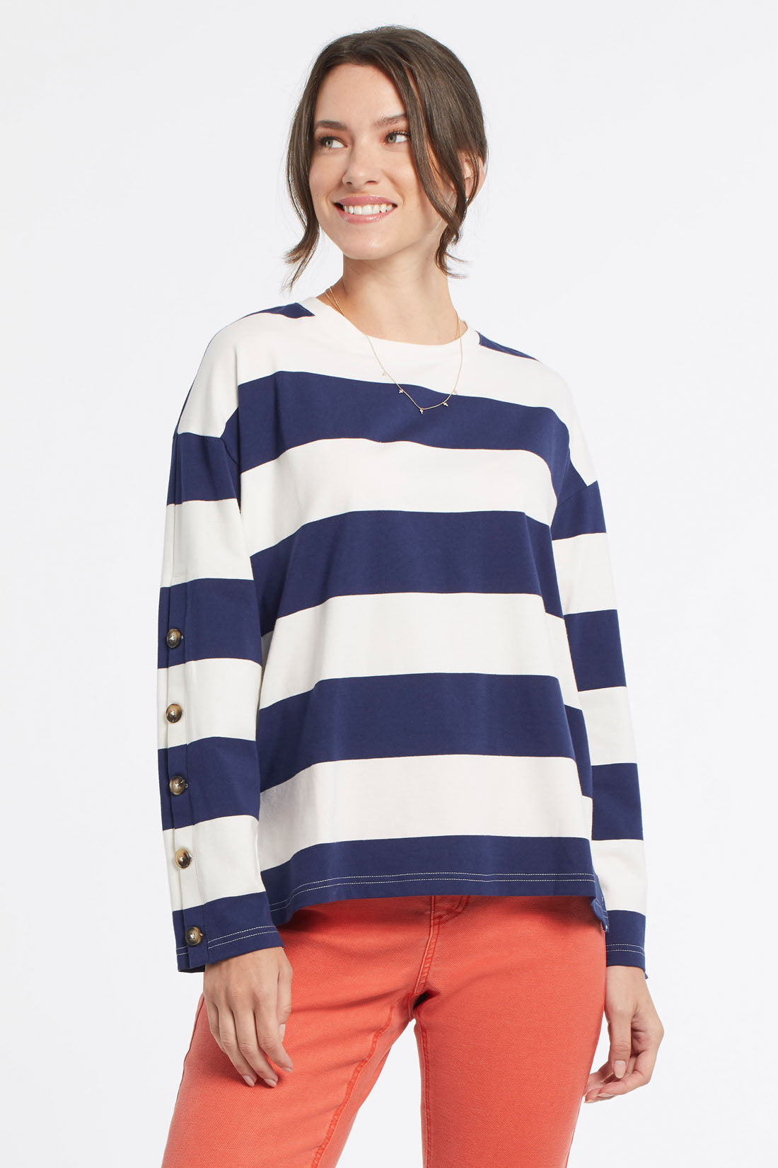 Striped Crew Neck Top with Sleeve Bottons – Modella Lifestyle